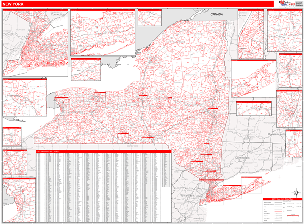 New York Zip Code Wall Map Red Line Style by MarketMAPS