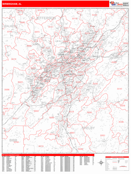 Birmingham Alabama Wall Map (Red Line Style) by MarketMAPS