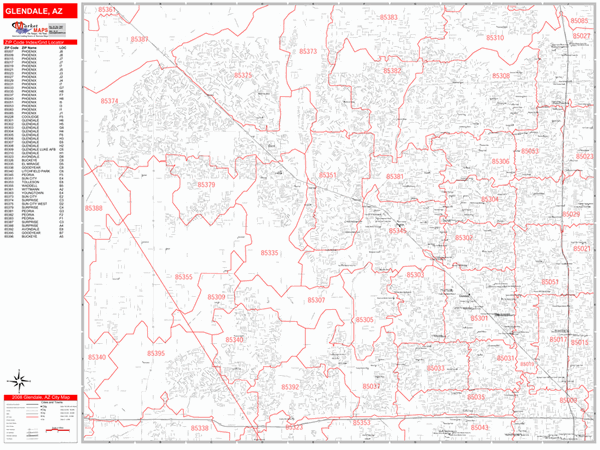 Glendale Arizona Zip Code Wall Map (Red Line Style) by MarketMAPS