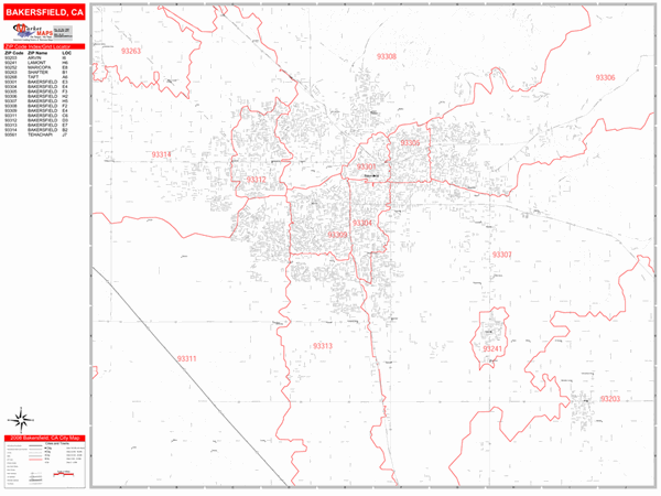 Bakersfield California Zip Code Wall Map (Red Line Style) by MarketMAPS