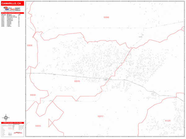 Camarillo California Zip Code Wall Map (Red Line Style) by MarketMAPS