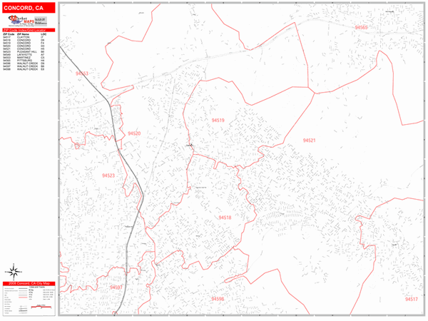 Concord California Zip Code Wall Map (Red Line Style) by MarketMAPS
