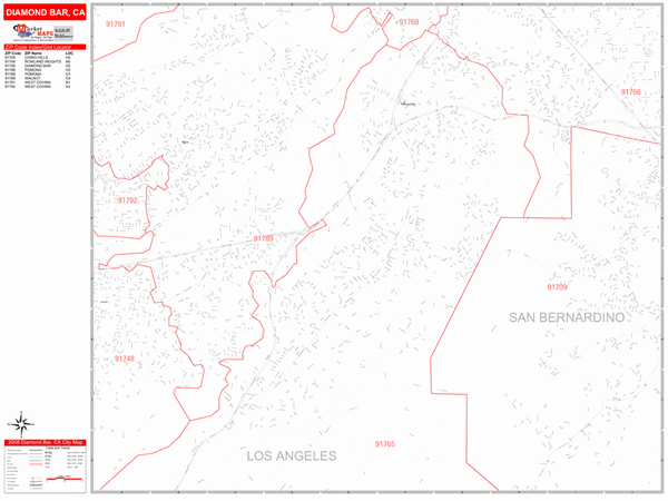 Diamond Bar California Zip Code Wall Map (Red Line Style) by MarketMAPS