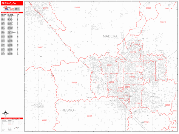 Fresno California Zip Code Wall Map (Red Line Style) by MarketMAPS
