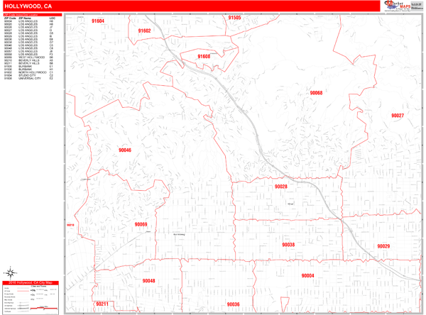 Hollywood California Zip Code Wall Map (Red Line Style) by MarketMAPS