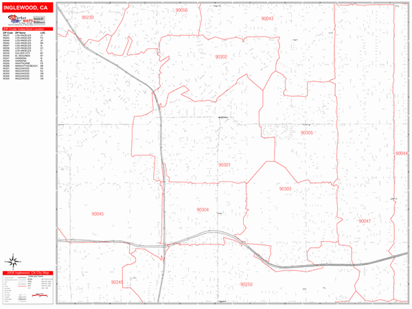 Inglewood California Zip Code Wall Map (Red Line Style) by MarketMAPS