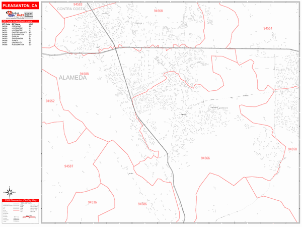 Pleasanton California Zip Code Wall Map (Red Line Style) by MarketMAPS
