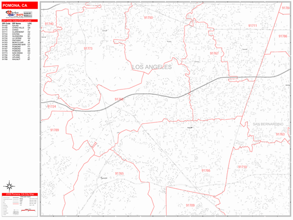 Pomona California Zip Code Wall Map (Red Line Style) by MarketMAPS