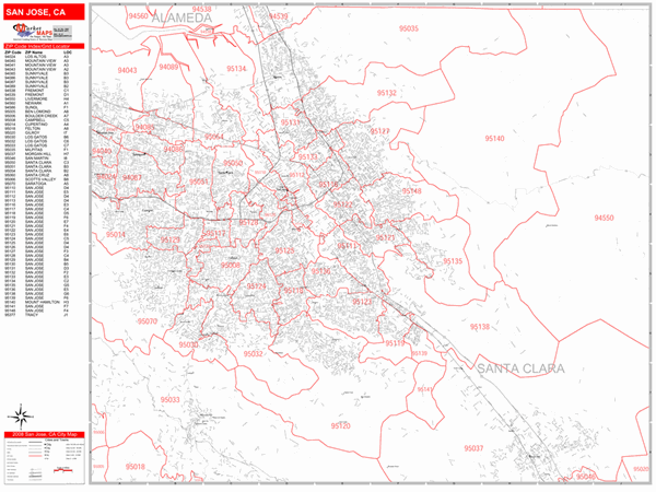 San Jose California Zip Code Wall Map (Red Line Style) by MarketMAPS