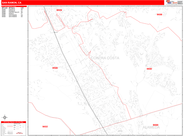 San Ramon California Zip Code Wall Map (Red Line Style) by MarketMAPS