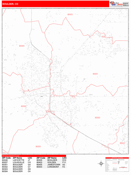 Boulder Colorado Zip Code Wall Map (Red Line Style) by MarketMAPS