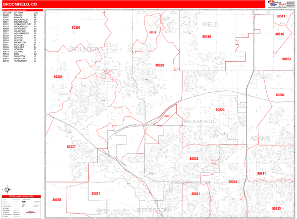 Broomfield Colorado Zip Code Wall Map (Red Line Style) by MarketMAPS