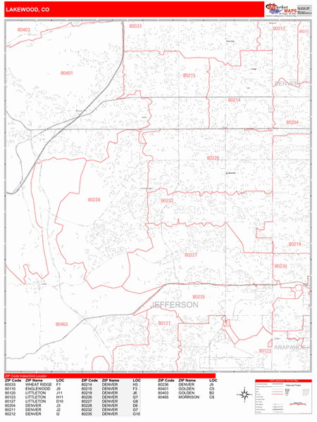 Lakewood Colorado Zip Code Wall Map (Red Line Style) by MarketMAPS