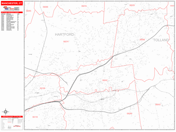 Manchester Connecticut Zip Code Wall Map (Red Line Style) by MarketMAPS