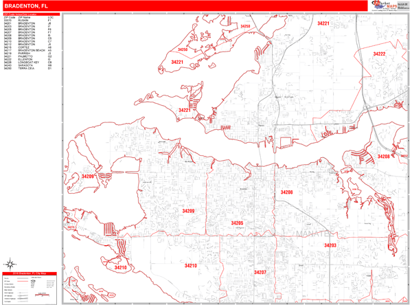 Bradenton Florida Zip Code Wall Map (Red Line Style) by MarketMAPS