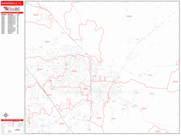 Gainesville Florida Zip Code Wall Map (Red Line Style) by MarketMAPS
