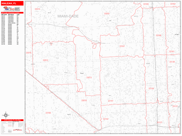 Hialeah Florida Zip Code Wall Map (Red Line Style) by MarketMAPS