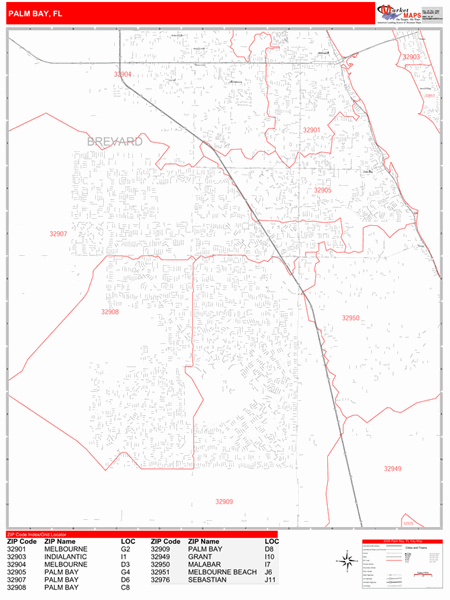 Palm Bay Florida Zip Code Wall Map (Red Line Style) by MarketMAPS