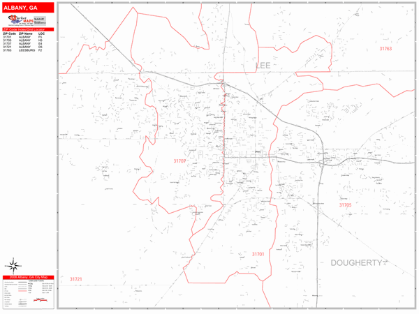 Albany Georgia Zip Code Wall Map (Red Line Style) by MarketMAPS