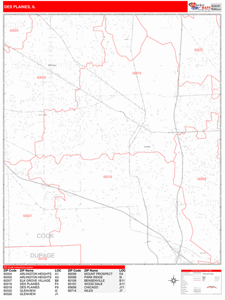 Des Plaines Illinois Zip Code Wall Map (Red Line Style) by MarketMAPS