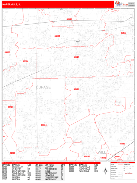 Naperville Illinois Zip Code Wall Map (Red Line Style) by MarketMAPS