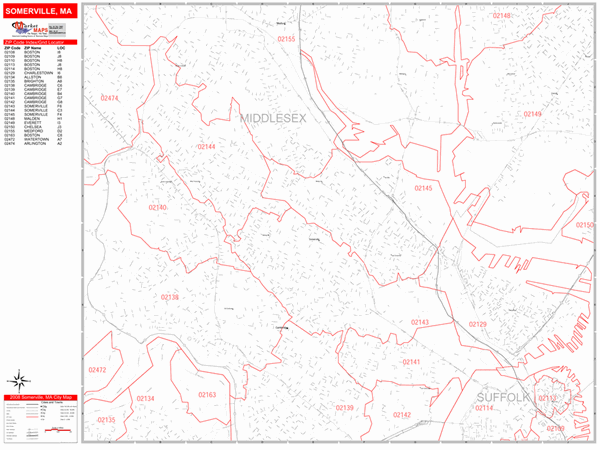 Somerville Massachusetts Zip Code Wall Map (Red Line Style) by MarketMAPS