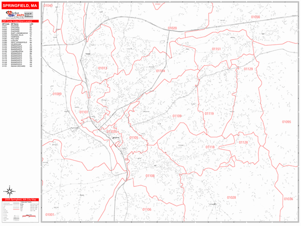 Springfield Massachusetts Zip Code Wall Map (Red Line Style) by MarketMAPS