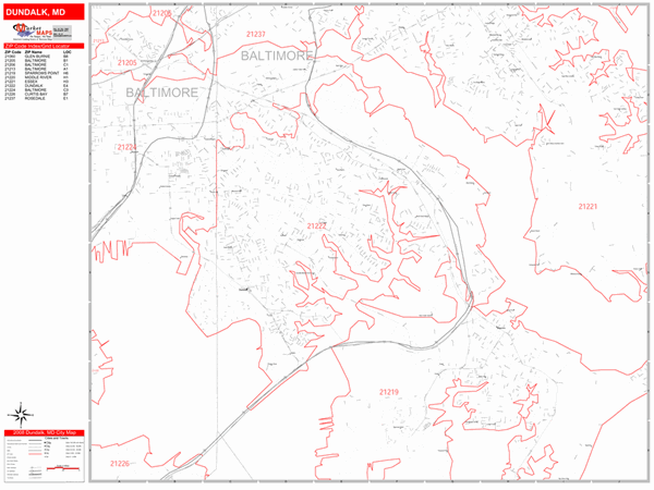 Dundalk Maryland Zip Code Wall Map (Red Line Style) by MarketMAPS
