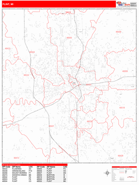 Flint Michigan Zip Code Wall Map (Red Line Style) by MarketMAPS