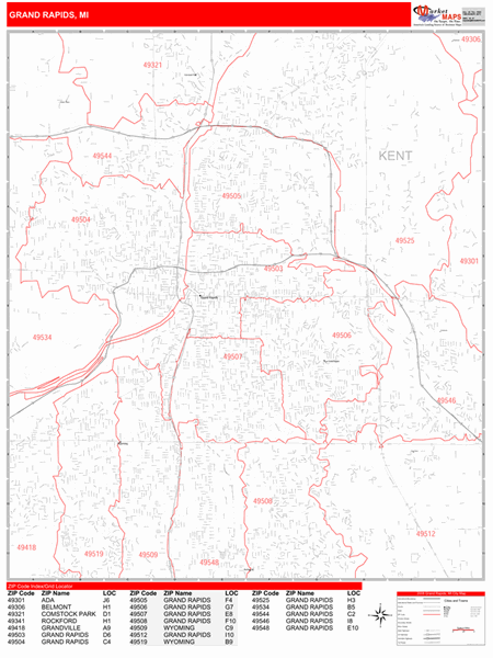 Grand Rapids Michigan Zip Code Wall Map (Red Line Style) by MarketMAPS