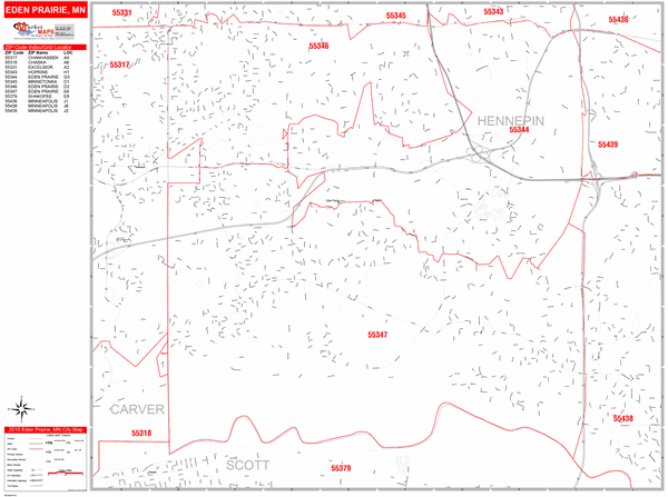 Eden Prairie Minnesota Zip Code Wall Map (Red Line Style) by MarketMAPS