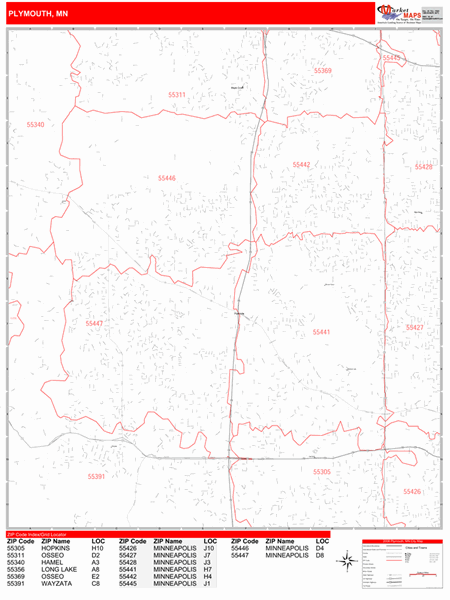 Plymouth Minnesota Zip Code Wall Map (Red Line Style) by MarketMAPS