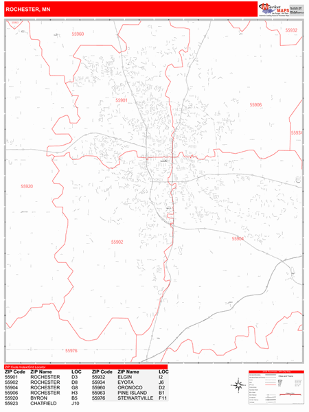 Rochester Minnesota Zip Code Wall Map (Red Line Style) by MarketMAPS