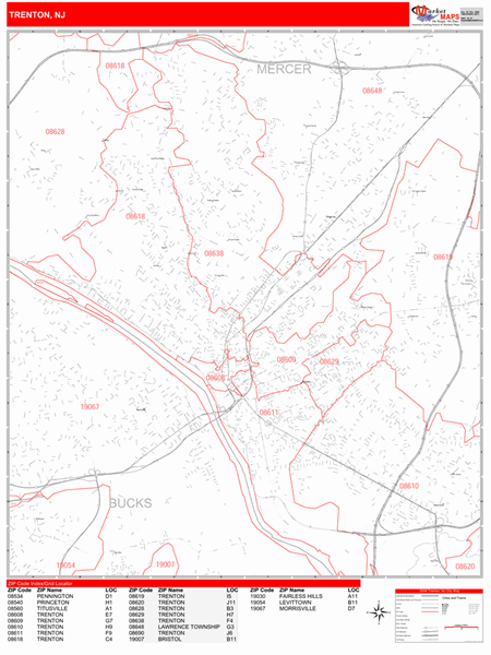 Trenton New Jersey Zip Code Wall Map (Red Line Style) by MarketMAPS