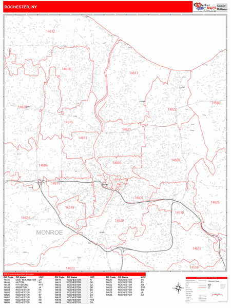 Rochester New York Zip Code Wall Map (Red Line Style) by MarketMAPS