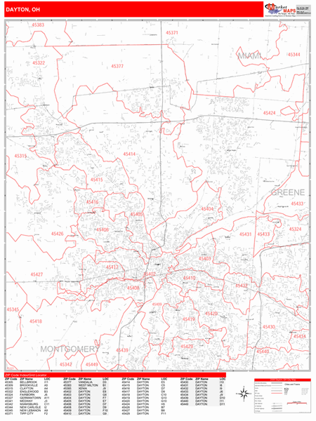 Dayton Ohio Zip Code Wall Map (Red Line Style) by MarketMAPS