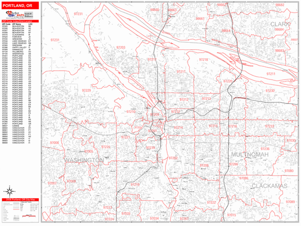 Portland Oregon Zip Code Wall Map (Red Line Style) by MarketMAPS