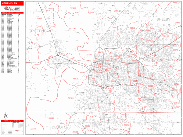 Memphis Tennessee Zip Code Wall Map (Red Line Style) by MarketMAPS
