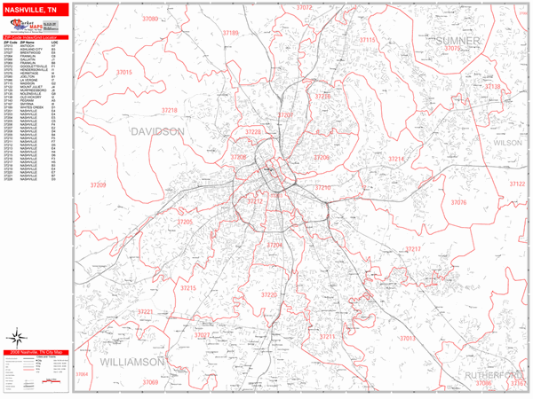 Nashville Tennessee Zip Code Wall Map (Red Line Style) by MarketMAPS