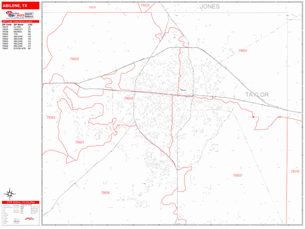 Abilene Texas Zip Code Wall Map (Red Line Style) by MarketMAPS