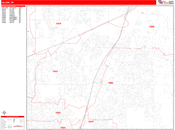 Allen Texas Zip Code Wall Map (Red Line Style) by MarketMAPS