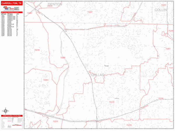 Carrollton Texas Zip Code Wall Map (Red Line Style) by MarketMAPS