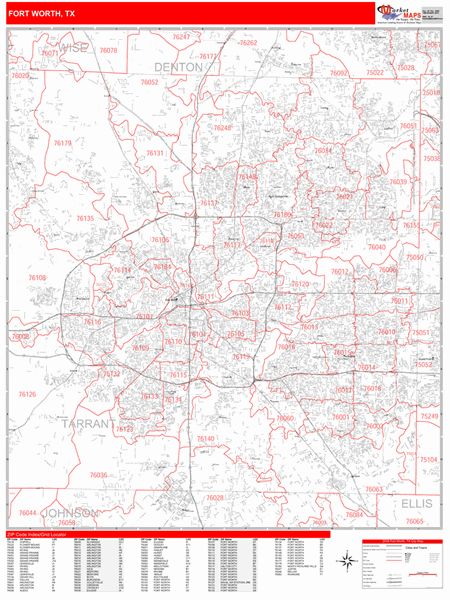 Fort Worth Texas Zip Code Wall Map (Red Line Style) by MarketMAPS