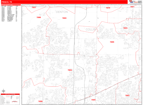 Frisco Texas Zip Code Wall Map (Red Line Style) by MarketMAPS