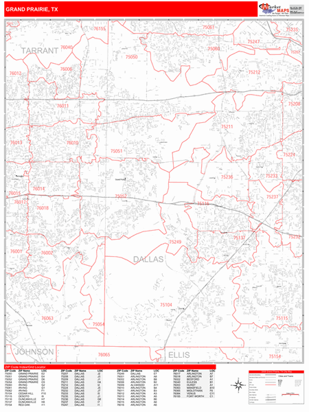 Grand Prairie Texas Zip Code Wall Map (Red Line Style) by MarketMAPS