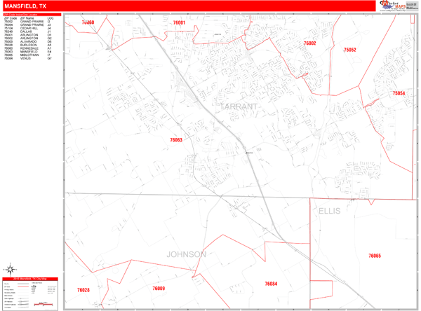 Mansfield Texas Zip Code Wall Map (Red Line Style) by MarketMAPS