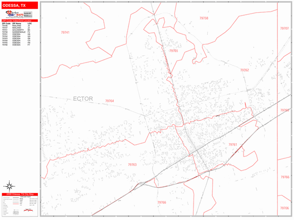 Odessa Texas Zip Code Wall Map (Red Line Style) by MarketMAPS