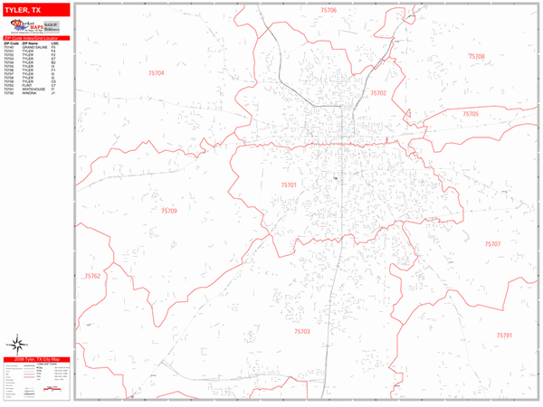 Tyler Texas Zip Code Wall Map (Red Line Style) by MarketMAPS