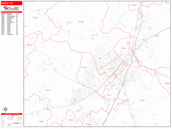 Waco Texas Zip Code Wall Map (Red Line Style) by MarketMAPS