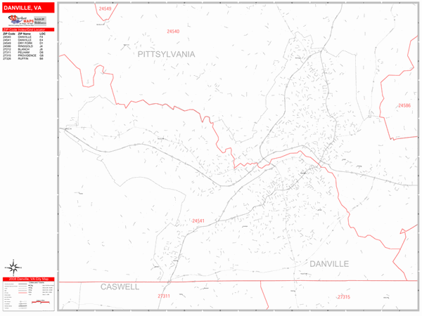 Danville Virginia Zip Code Wall Map (Red Line Style) by MarketMAPS